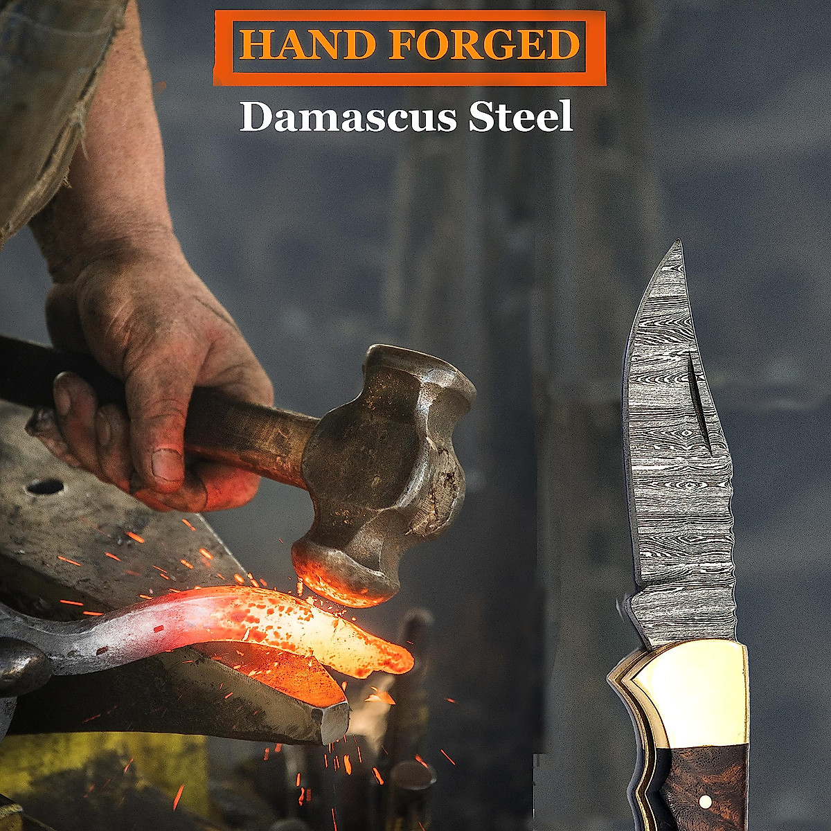 Sky Knives 6.5" Handmade Damascus Steel Folding Hunting Knives For Men, Pocket Knife For Camping, Survival, Skinning And Outdoor Activities With Leather Sheath. (Rosewood)