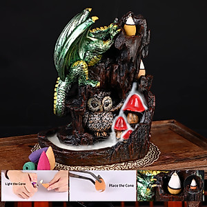 Zvaiuk Dragon Backflow 2 Sided Mountain Waterfall Incense Burner,Fountain Smoke Incense Holder with 100 Backflow Incense Cones, Tweezers, Mat，Resin Aromatherapy Meditation Decor