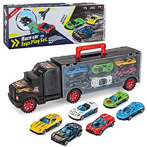 Abincee Toddler Toys for 3-5 Year Old Boys,Toy Truck Carrier with 12 Die-cast Vehicles Toy Cars and 2 Race Tracks,Gift for Kids Age 3 4 5 6 7