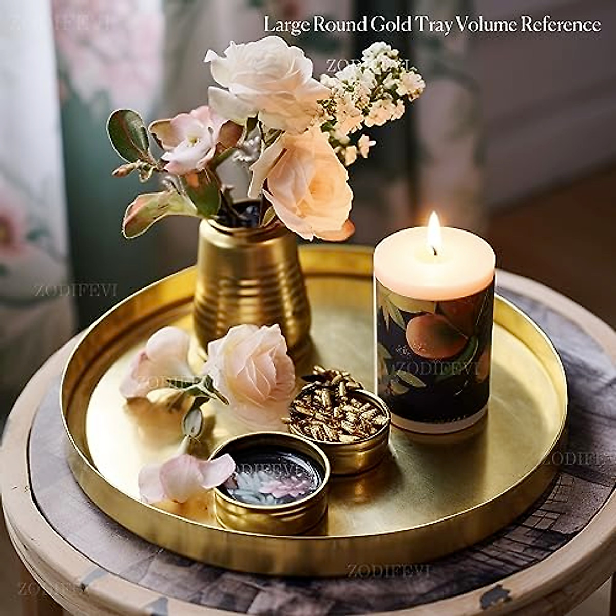 ZODIFEVI Gold Round Trays, 12 Inch Large Round Gold Serving Tray, Gold Tray Decorative, Gold Serving Tray, Decorative Tray for Jewelry, Makeup, Candle, Toiletry, Kitchen Tableware, Bar, Cafe (Large)