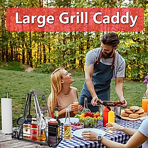 LELOCLE Picnic Caddy and Grill Utensil Caddy,Condiment Caddy, Grill-Caddy,Adjustable Compartment Storage,with 3 Hooks,Sturdy Thick,Easy Carry,Quick Assemble Grill Accessories Storage-Black