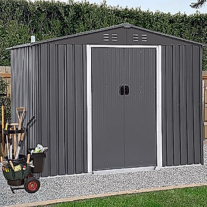MIRAFIT 8x6 Ft Storage Shed, Galvanized Steel Sheds & Outdoor Storage Cabinet with Sliding Door, Garden Metal Shed for Tool, Bike, Lawn Mower, Backyard, Patio, Dark Gray