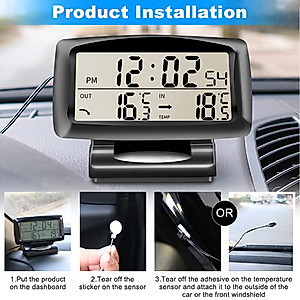 Car Digital Clock Thermometer, Multi-Functional Car Dashboard Thermometer with Backlight Display Mini Car Clock Thermometer Monitor for Indoor and Outdoor