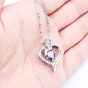 UEUC Birthstone Flower Necklace for Women, Sterling Silver Love You Forever Rose Flower Necklace Crystal Heart Pendant Necklace Gift for Her 18''+2'' Chain(2)