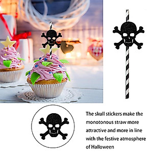 27 Pcs Halloween Paper Straws Pumpkin Bat Skeleton Pattern Black Cat Witch Castle Sticker Insert Straws Disposable Black Paper Drinking Straws Cake topper for Halloween Party Birthday Supplies