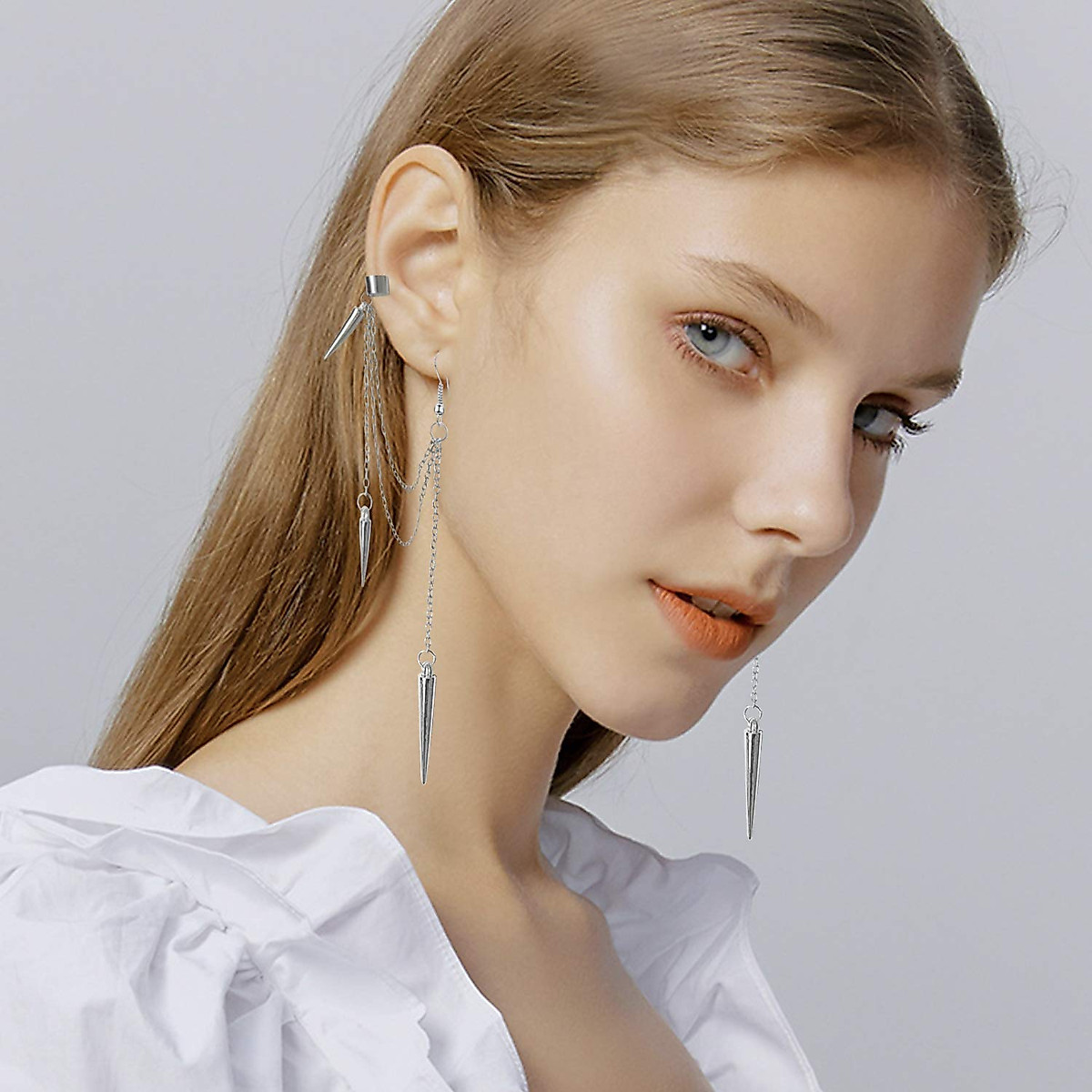 DAMLENG Lightweight Unique Black Punk Long Tassel Chain Ear Cuff Earrings 316L Stainless Steel Vintage Barrel Nails Crawler Climer Dangle Drop Earrings for Men Women Unisex (Silver)