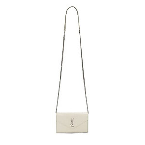 Yves Saint Laurent, Pre-Loved White Grained Calfskin Envelope Wallet-On-Chain (WOC), White