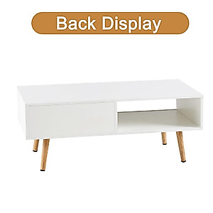 Mid Century Modern Coffee Table with Storage, 41.3 Inch Rectangle Wooden Accent Center Sofa Table with Sliding PE Rattan Woven Door Panel and Solid Wood Legs, Suitable for Living Room, Apartment