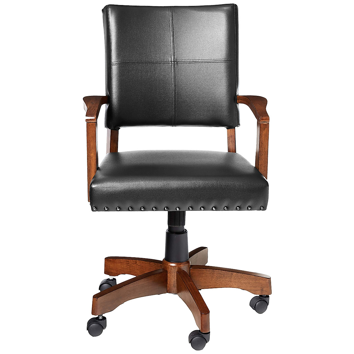 OSP Home Furnishings Deluxe Wood Banker's Chair with Antique Bronze Nailheads and Medium Brown Wood, Black Faux Leather
