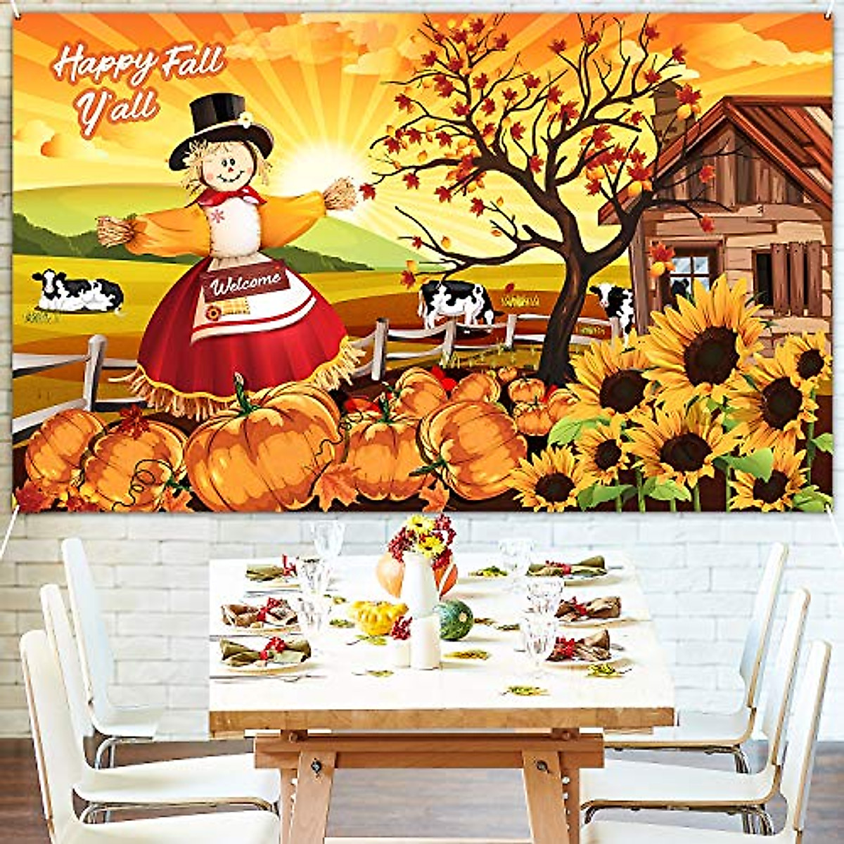 Blulu Happy Fall Y'all Party Decoration Backdrop Welcome Fall Scarecrow Harvest Decorative Autumn Background for Halloween Thanksgiving Party Décor Harvest Time Pumpkin (Orange Fall)