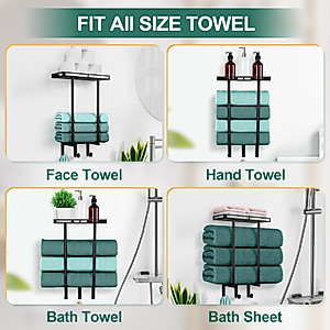 Towel Racks for Bathroom, Homikit Wall Mounted Towel Rack with Metal Shelf and 3 Hooks, 15 Inch Rolled Towel Holder Bath Storage Organizer, Vertical Rack for Small Space Bathroom Wall Decor, Black