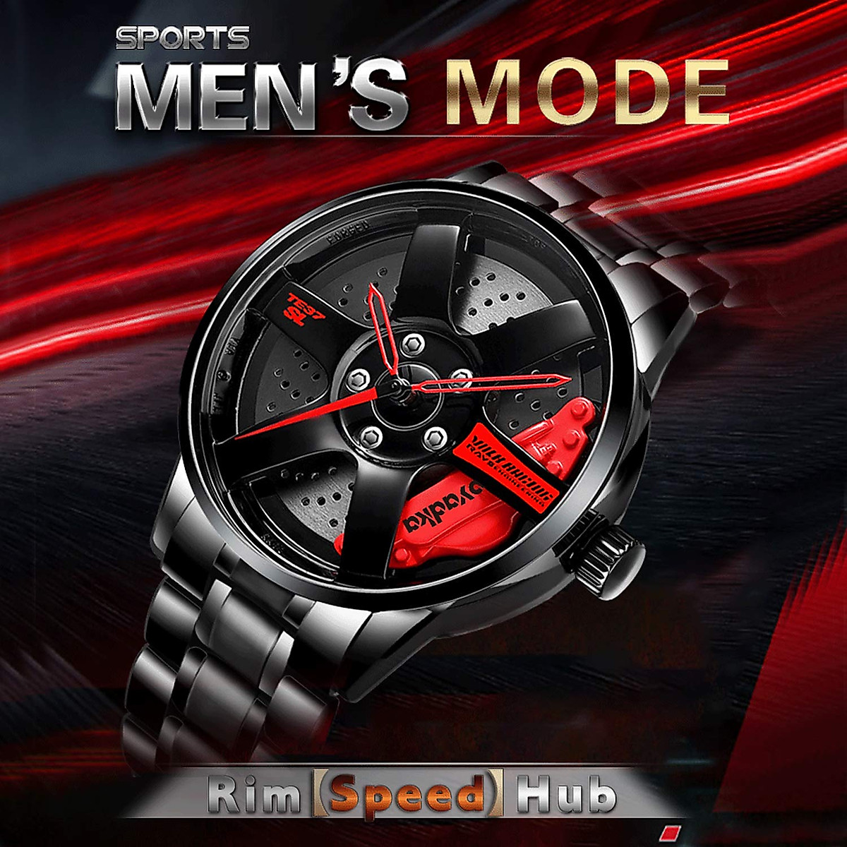 BOYADKA Car Wheel Watch, Stainless Steel Watch with Japanese Quartz Movement, Waterproof Sports Wrist Watch with Car Rim Hub Design for Men/Car Enthusiast (Red)