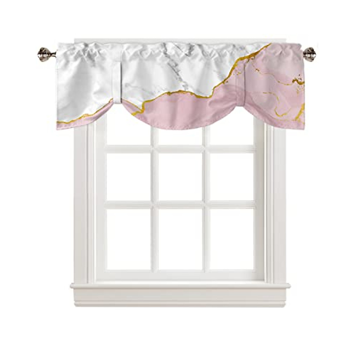 FAMILYDECOR Kitchen Valances for Windows, Elegant Adjustable Window Treatments with Tie-up, White Gold and Pink Plated Marble Window Valance Curtains for Living Room/Bedroom 60x18in