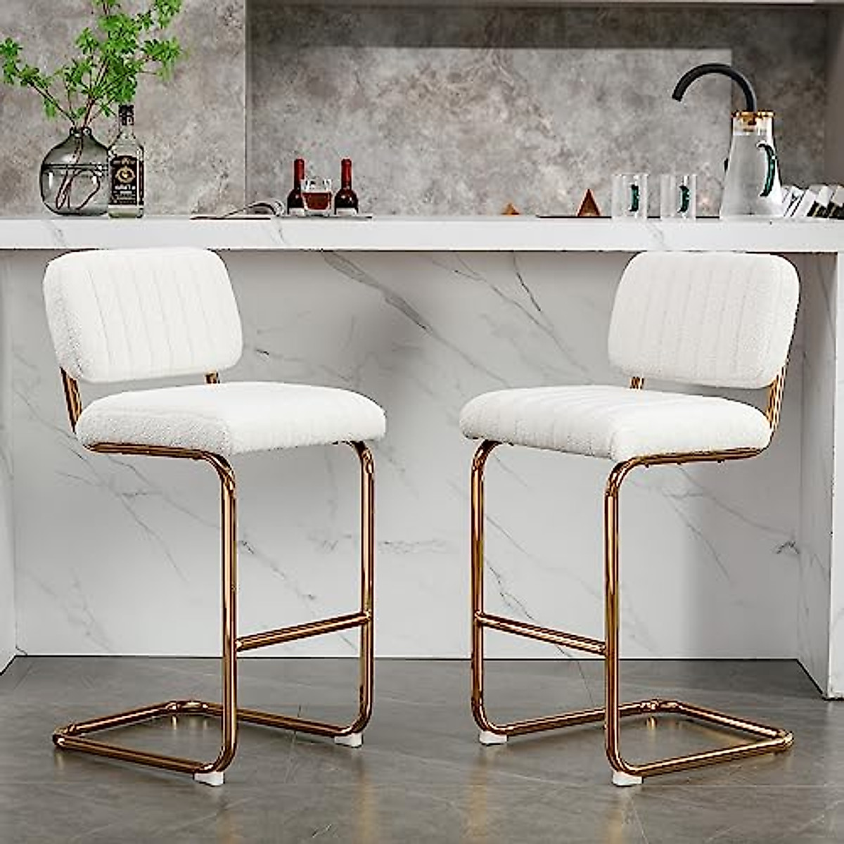 USIIN Mid-Century Modern Counter Height Bar Stools for Kitchen Set of 2, Armless Bar Chairs with Gold Metal Chrome Base for Dining Room, Upholstered Boucle Fabric Counter Stools,Ivory