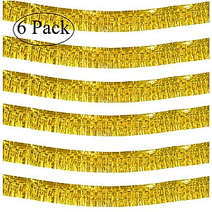 Blukey 10 Feet Long Roll Gold Foil Fringe Garland - Pack of 6 | Shiny Metallic Tassle Banner | Ideal for Parade Floats, Bridal Shower, Wedding, Birthday | Wall Hanging Fringe Garland Banner