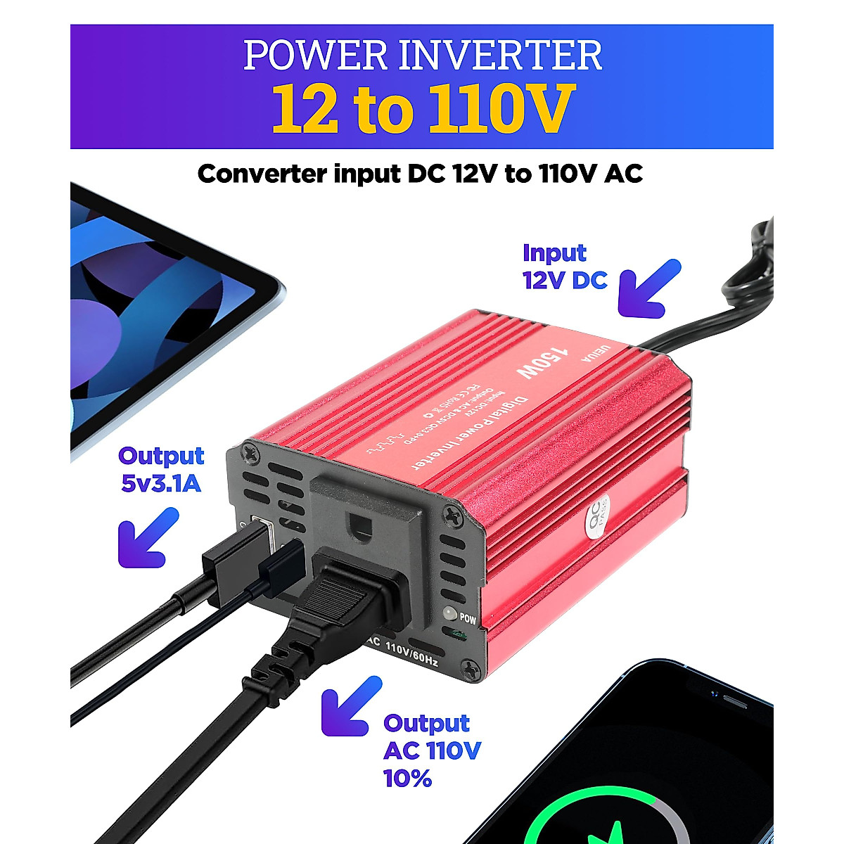 Zlirfy Car Inverter,Power Inverter,150W Car Power Inverter,Car to Outlet Adapter with USB+Type-C PD Dual Interface,Car Accessories Car Power Adapter,Car Plug Outlet Adapter