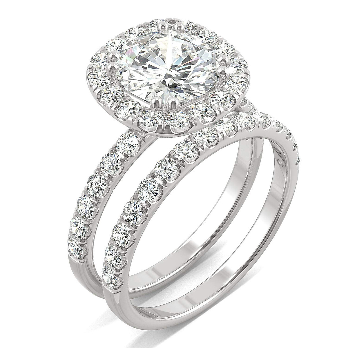 Charles & Colvard Created Moissanite 8mm Round Cut Bridal Ring Set for Women | 2.87 cttw DEW | Lab Grown | Solid 14K White Gold with Rhodium | Size 9