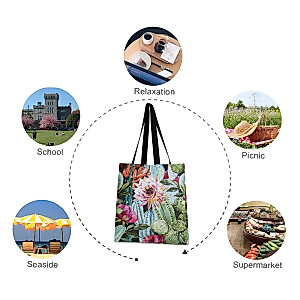 CaTaKu Cactus Canvas Tote Bag Floral Grocery Shopping Cotton Canvas Tote Bag Large Handle Durable Reusable Washable Bag for Women Men