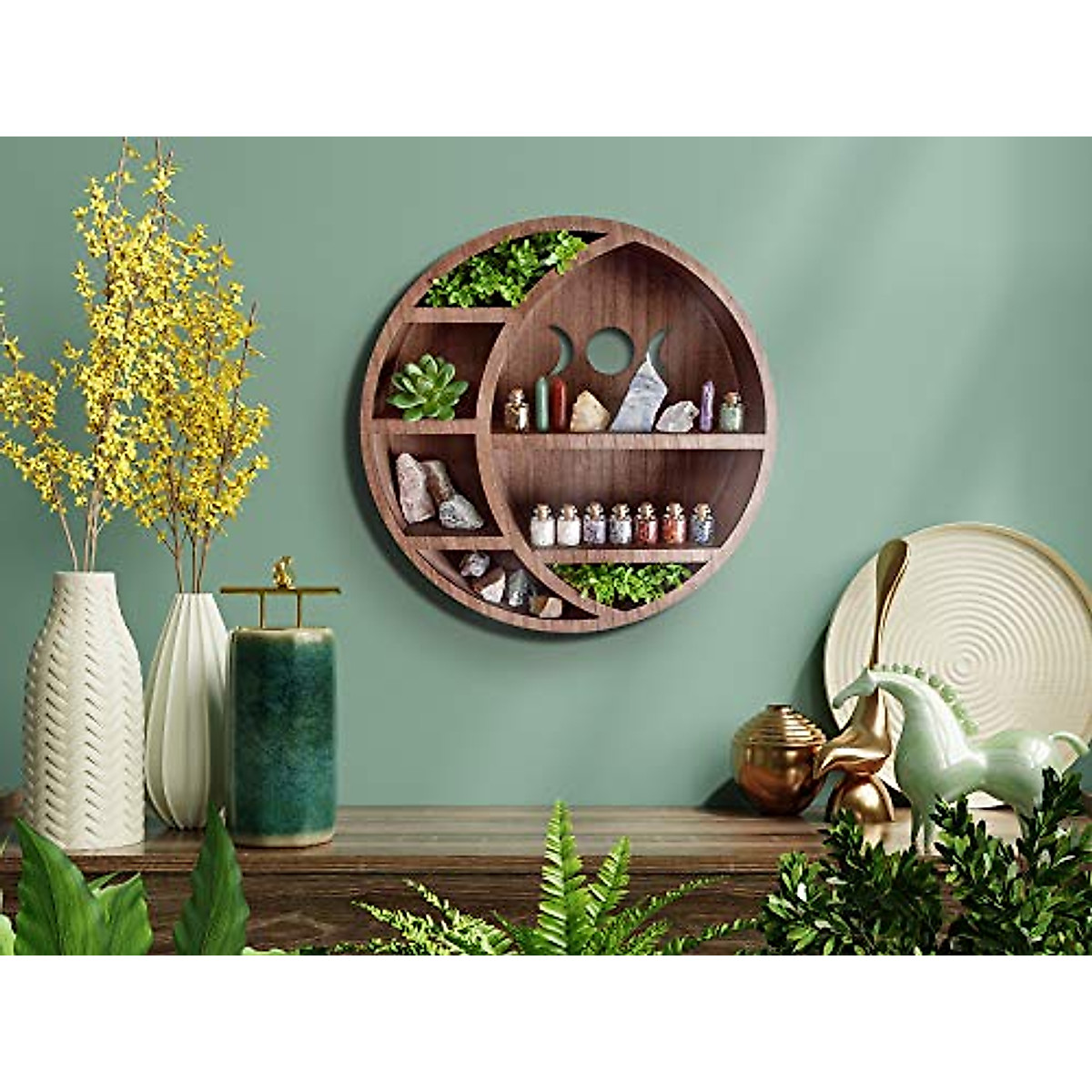 MAROQUE Crescent Moon Shelf for Crystals - Crystal Wall Decor, Crystal Shelf Display, Moon Shelves, Boho Shelves Essential Oil Shelf, Wooden Moon Shelf, Crystal Display Shelf, Moon Decor, Wiccan Decor