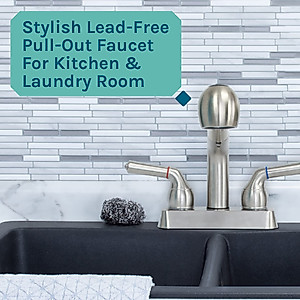 JS Jackson Supplies Dual Handle Pull Out Faucet, Stainless Steel Finish, 4 Inch Center Set, Universal Utility Sink or Laundry Tub ABS Plastic Faucet with Spray Setting