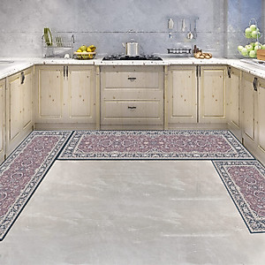 Jinaply Kitchen Rugs Sets 3 Piece with Runner Non Slip,Kitchen Rugs and Mats,Red Bohemian Kitchen Runner Rug Set for Non Skid Washable for Hallway Kitchen Laundry Room Bathroom