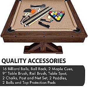 Freetime Fun 3 in 1 Multi Game 7 FT Pool Table with Dining Top and Ping Pong Table with Benches, Includes Billiard Accessories and Tennis Paddles - Combo Table (Espresso)