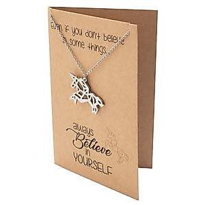 quan jewelry Handmade Origami Unicorn Pendant Necklace, Animal Jewelry Graduation Gifts for Women & Men with Inspirational Greeting Card, Adjustable 16" to 18" - Handcrafted