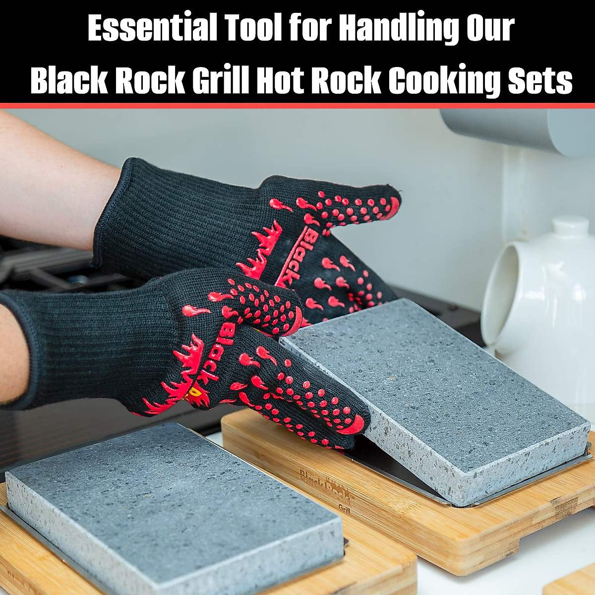 Black Rock Grill Fire & Heat Resistant Cooking Gloves 923F -28cm Silicone Safety Oven Mitts with Fingers- Gloves for Grilling, BBQ, Fireplace, Lava Stones, EN407,EN388, EN ISO 21420 Certified (Medium)