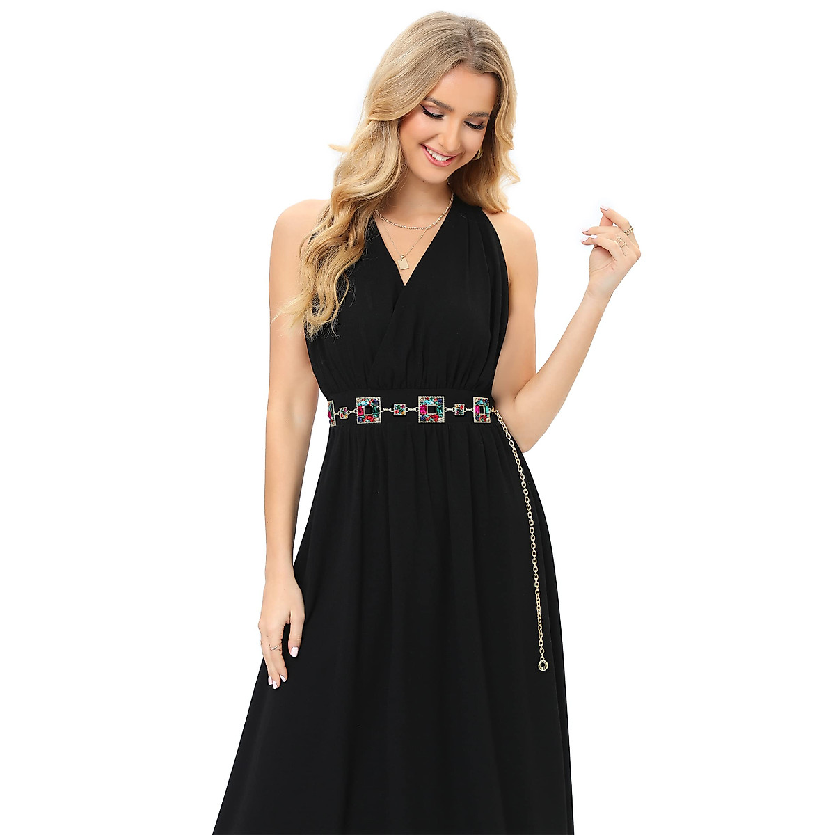 FAN&LOUIS Sparkly Gold Rhinestone Chain Belt for Women Ladies for Dresses Bling Diamond Crystal Glitter Jeweled Metal Fashion Cute Belly Waist Chain Belt S