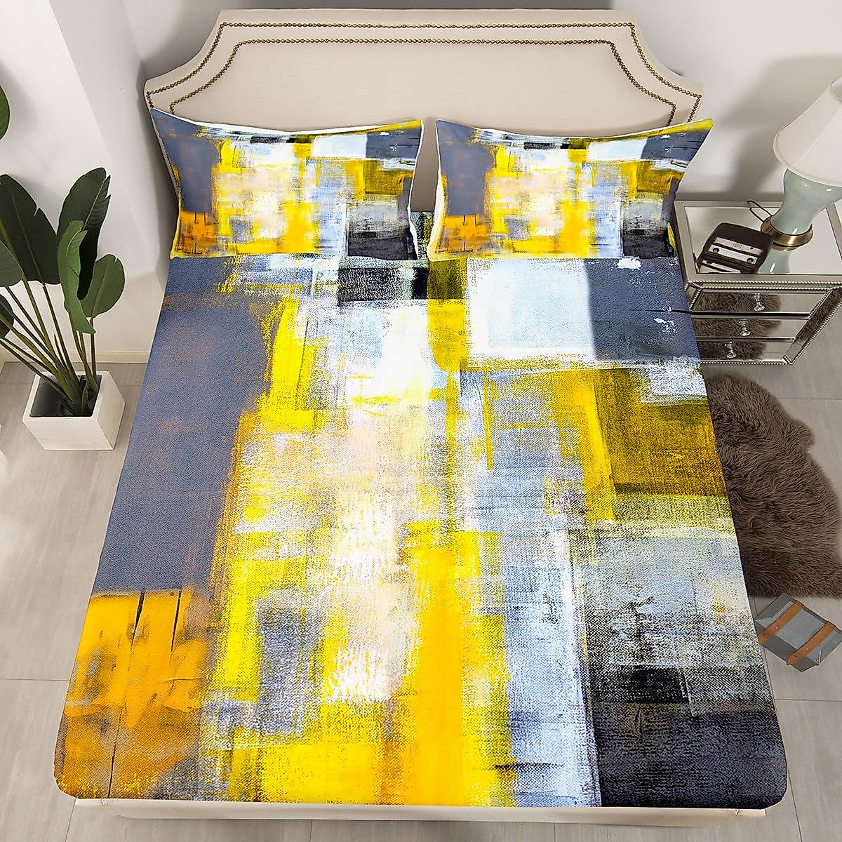 Grunge Oil Painting Sheet Set for Kids Youth Adult,Grey Yellow White Ombre Bed Sheets Queen Size,Graffiti Watercolor Painted Bedding Set,Mid Century Fitted Sheet + Flat Sheet + 2 Pillow Shams