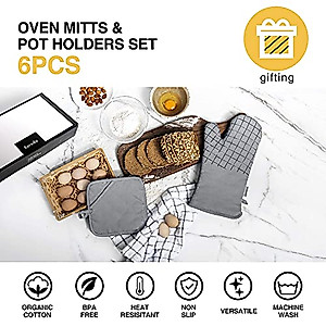 Koroda Oven Mitts and Pot Holders Sets: 550°F High Heat Resistant Oven Mitts with Kitchen Towels Thick Cotton Oven Gloves with Non-Slip Silicone for Cooking and Baking (6Pcs, Grey)