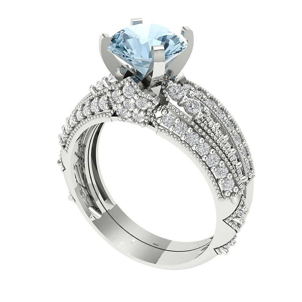 Clara Pucci 2.07ct Round Cut Pave Solitaire with Accent Natural Swiss Blue Topaz Statement Bridal Ring Band Set 14k White Gold 8.5