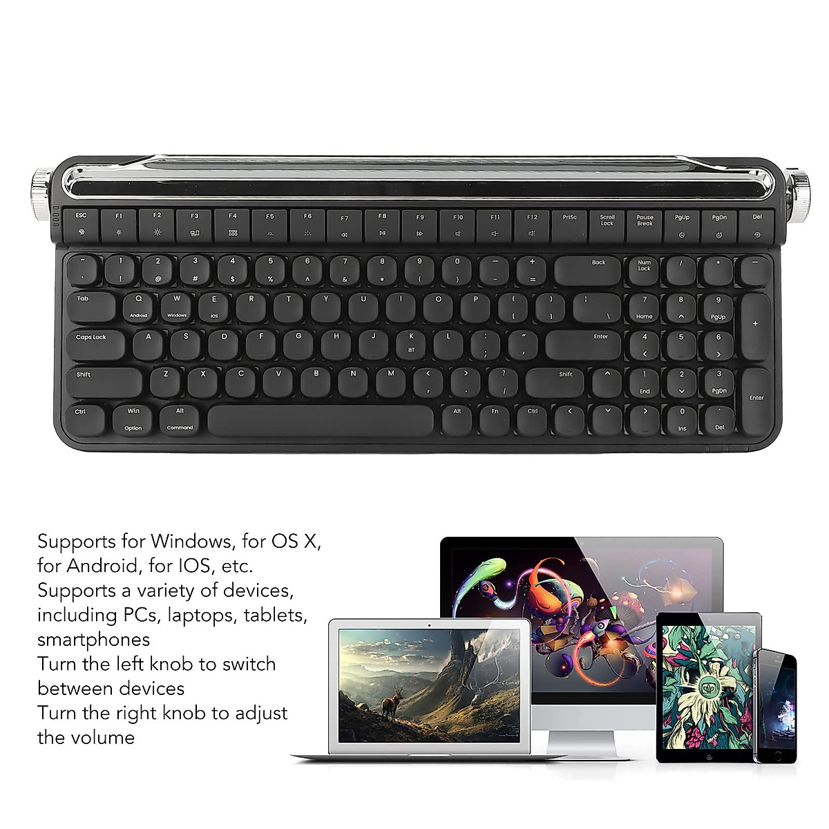 TOPINCN Typewriter Keyboard, 1500mAh Battery Dual Connection Modes Red Switch Retro Bluetooth Mechanical Keyboard with Keypad for Gaming (Black)