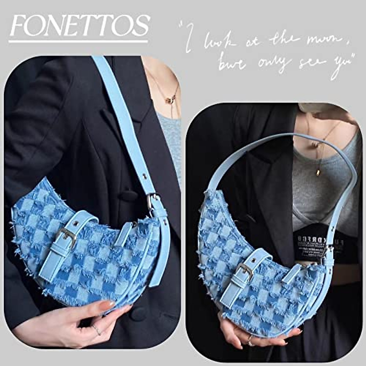 FONETTOS Y2K Saddle Hobo Bag, Women Shoulder Purse Moon Bag Handbag Fashion for Girls