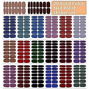 WOKOTO 20 Sheets Dark Solid Color Series Nail Polish Strips Stickers with Nail File Self-Adhesive Punk Rock Gel Nail Strips Full Nail Wraps for Women Nails Art
