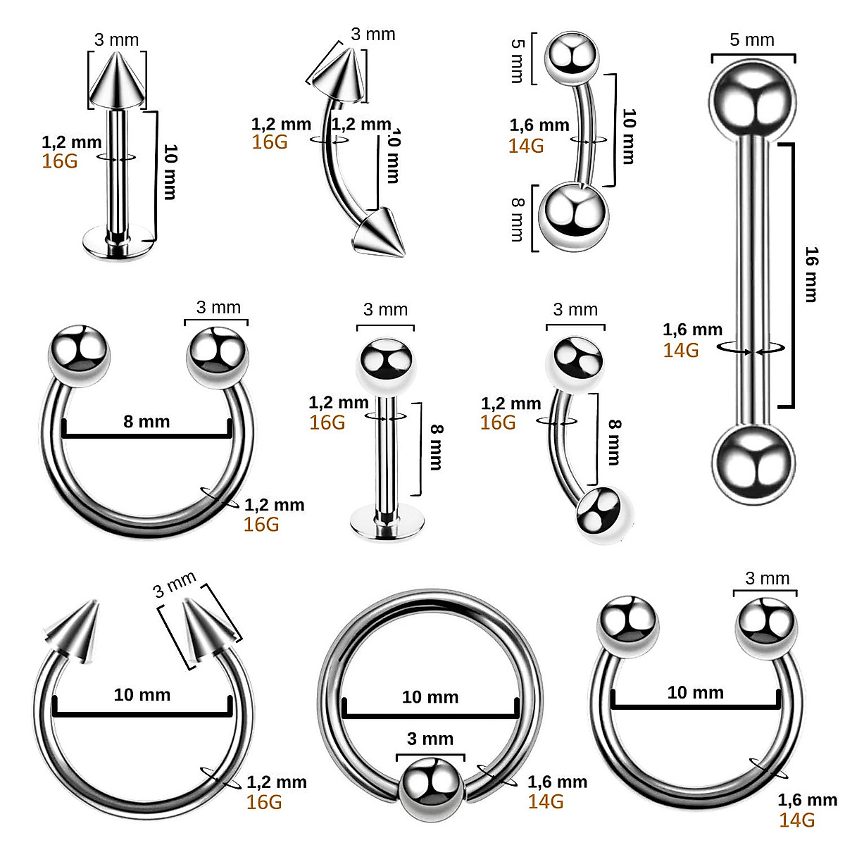175 Pieces 14G and 16G Body Piercing Jewelry Starter Kit w Piercing Needles and 25 Pc Retainer Bonus