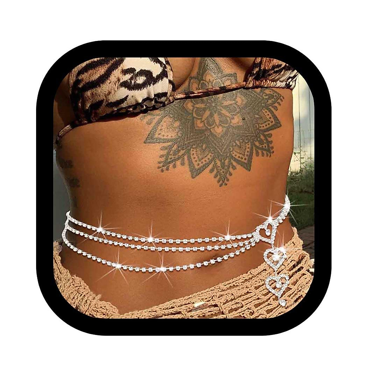 Zoestar Rhinestone Waist Chains Tassel Crystal Waist Chain Layered Crystal Heart Pendant Belly Body Chain Jewelry for Women