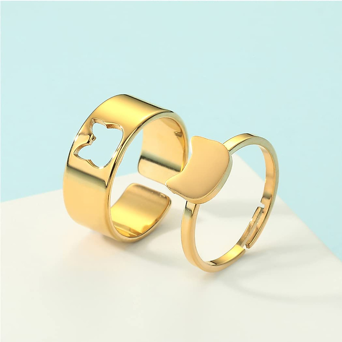 Chereda 2PCS Matching Cute Animals Promise Engagement Rings Lovers Gift for Couples Boyfriend Jewelry 316L Stainless Steel Adjustable Open Ring (Cat-g, Adjustable)