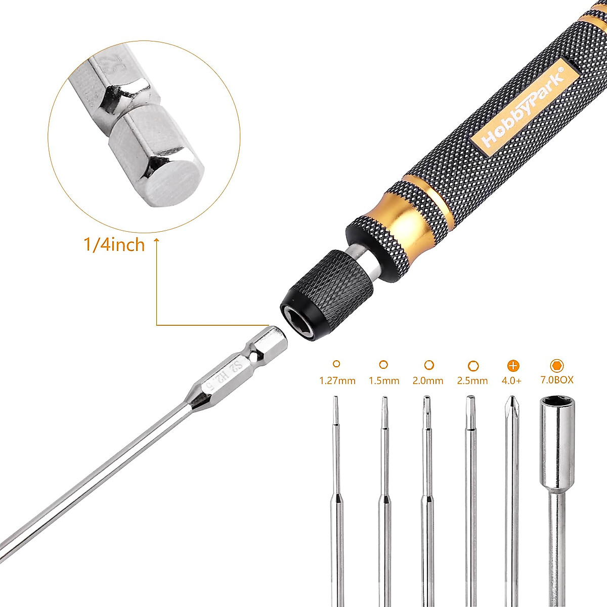 HobbyPark RC Car Screws Kit 530pcs & Tools Screw Driver Set 1/4 inch Hex Handle 1.27/1.5/2.0/2.5mm Hex Nut Driver 7mm Phillips Bit