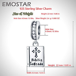 Dangle Holy Bible Book Charms Engraved Biblia Sagrada with Religious Cross, Sterling Silver Prayer Biblical Beads Pendant fit Pandora Christian Bracelet, Gifts for Christmas/Believer