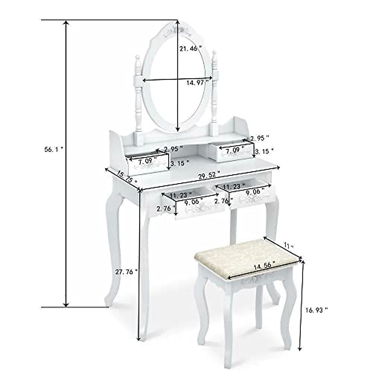 Dressing Table, 4 Drawers with Mirror Makeup Dressing Table Set White Bedroom Dressing Furniture, Small Vanity Table for Bedroom, White Vanity Desk，Small Vanity CYJCFCDUS