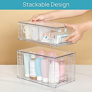 Vtopmart 4 Pack Clear Stackable Storage Drawers,Easy to Assemble Bathroom Organizers and Storage with handles,Plastic storage drawers for Kitchen Pantry,Cabinet,Under Sink Organization