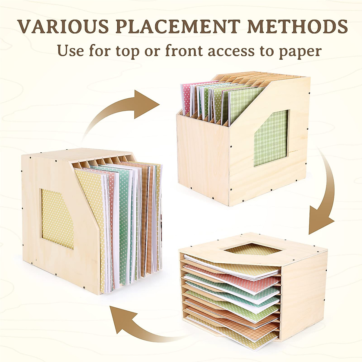 Caydo Wood Paper Storage Organizer with 50 Pieces Scrapbook Paper Storage Organizer and 120 Pieces Sticky Index Tabs for Holding 12 x 12 Inch Scrapbook Paper, Files, Vinyl Paper and Cardstock