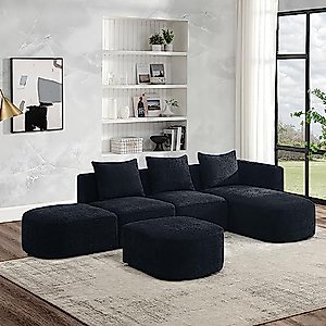L-Shaped Stylish Comfy Sectional Sofa Couch with 2 Single Seats, Right Chaise and Movable Ottomans, Modern DIY Combination Convertible Modular Sofa & Couch Cloud Deep Seater Cozy Sofá for Living Room