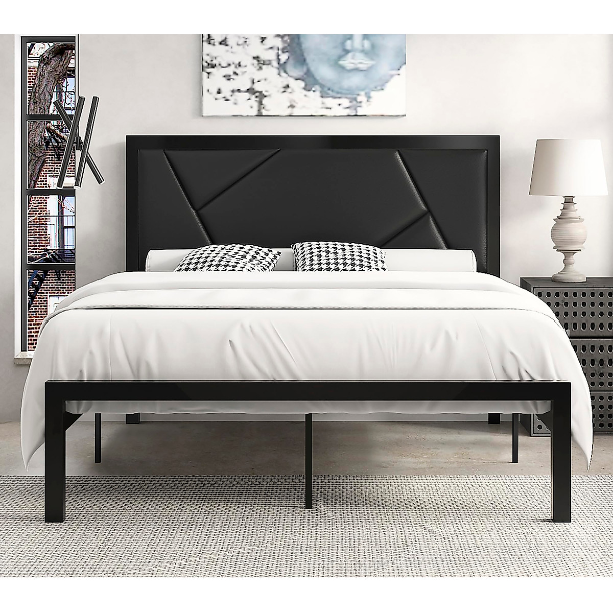 SHA CERLIN Modern Full Size Metal Bed Frame with Litchi Grain Leather Upholstered Headboard, No Box Spring Needed, 12.4" Underbed Storage, Black