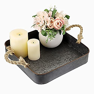 Hipiwe Galvanized Metal Tray with Rope Handle Farmhouse Metal Iron Tray Square Candle Holder Tray Industrial Style Serving Tray Countertop Decorative Tray Centerpiece Tray Rustic Decor