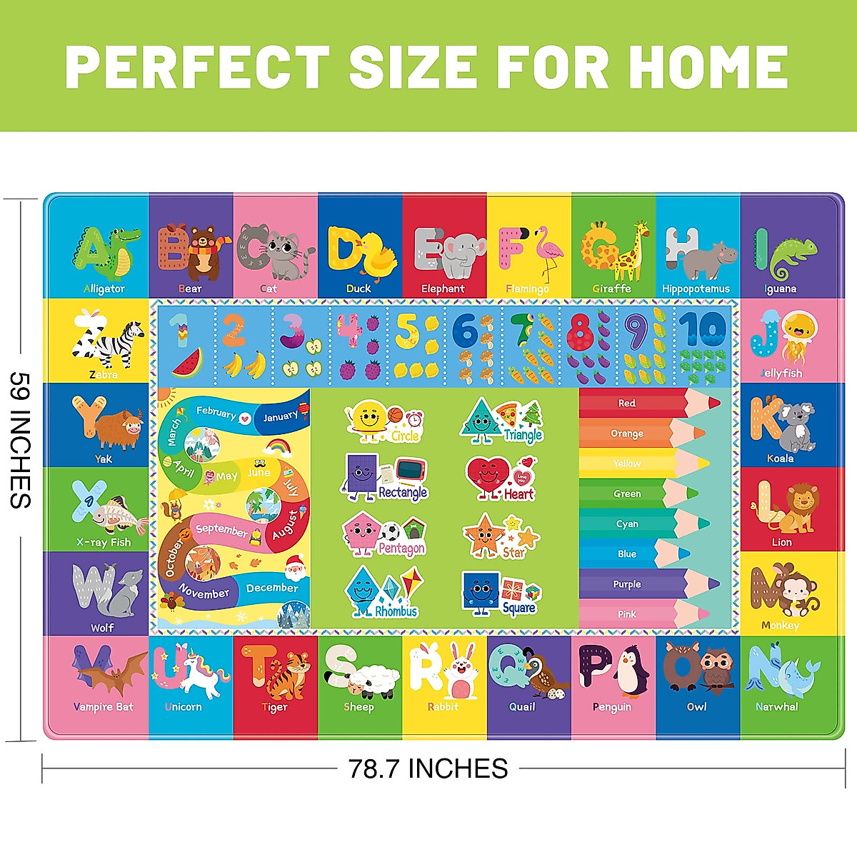 Kids Play Rug for Baby Play Mat for Floor, 78.7 x 59 Inches Kids Rugs for Playroom, Playtime Collection ABC, Numbers, Animals, Month, Season Educational Area Rug for Kids Room Classroom