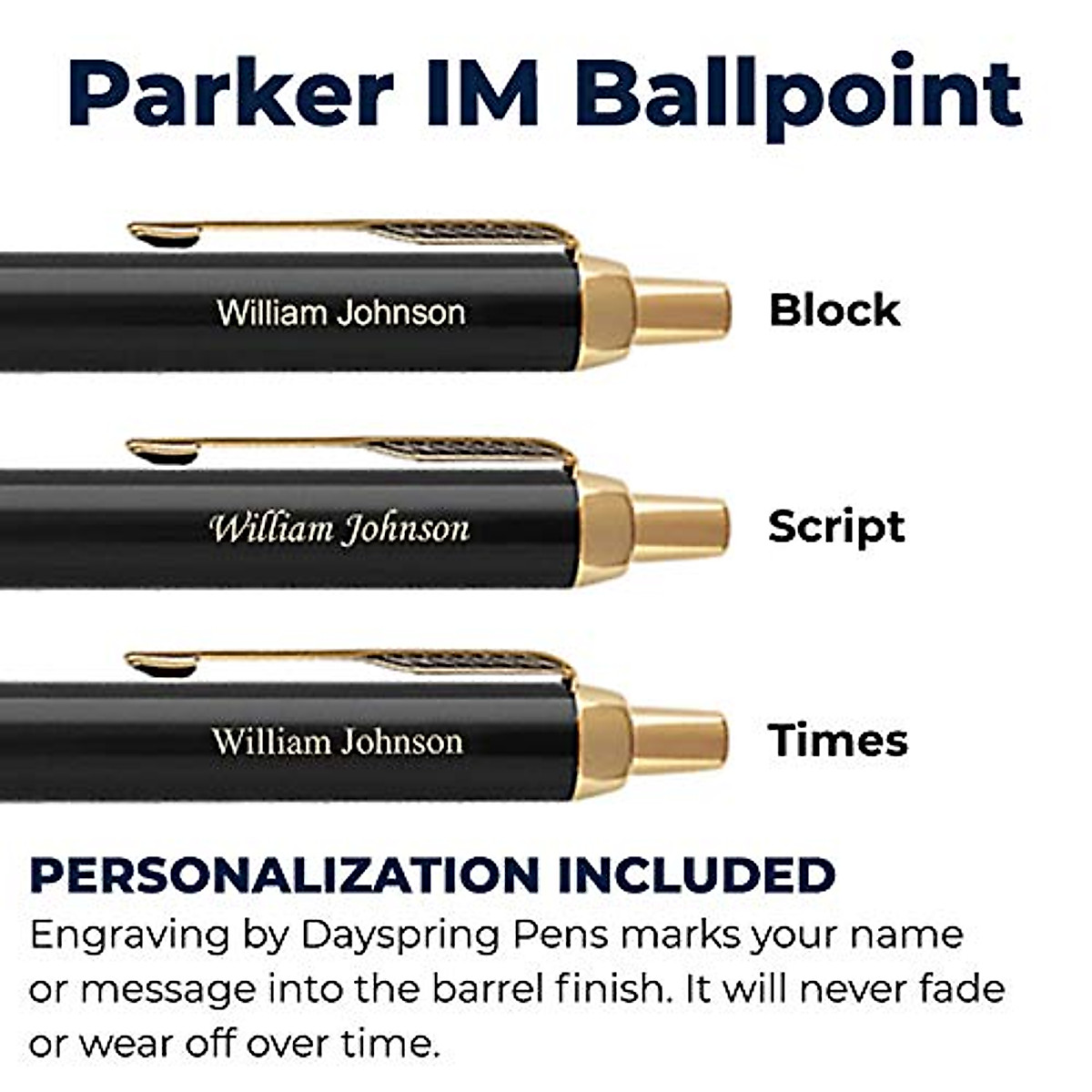 Dayspring Pens Parker Pen | Engraved/Personalized Parker IM Black Lacquer and Gold Trim Ballpoint Gift Pen. Custom Engraving Shipped in One Business Day.