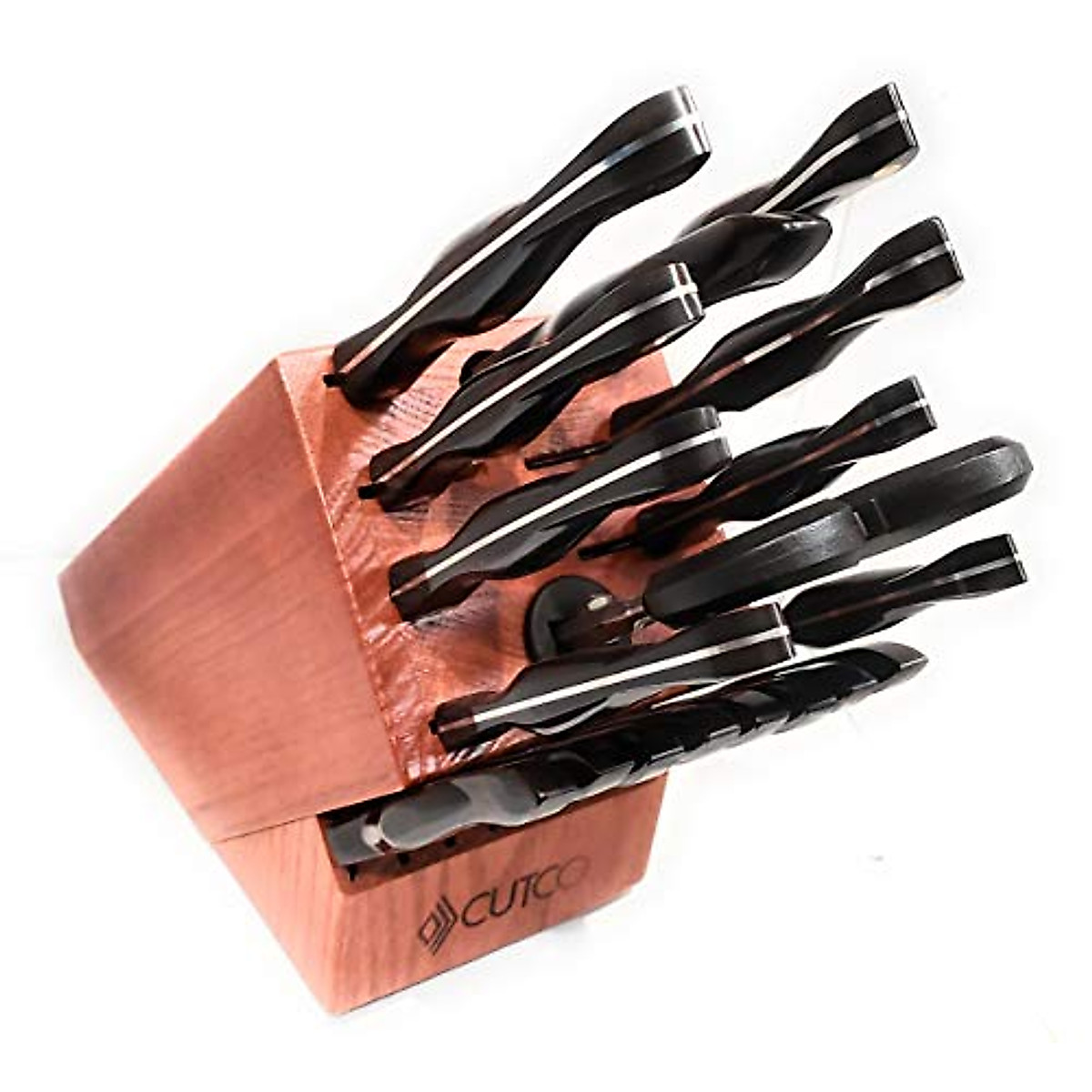 Cutco 21 Piece Kitchen Knife Set with Cherry Finish Oak Block, 8 Table Knives, Paring Knife, Trimmers, Santoku Chopper Chef Knife, Carver, Slicer, Cheese Knife, Turning Fork, Shears, Peeler, Sharpener