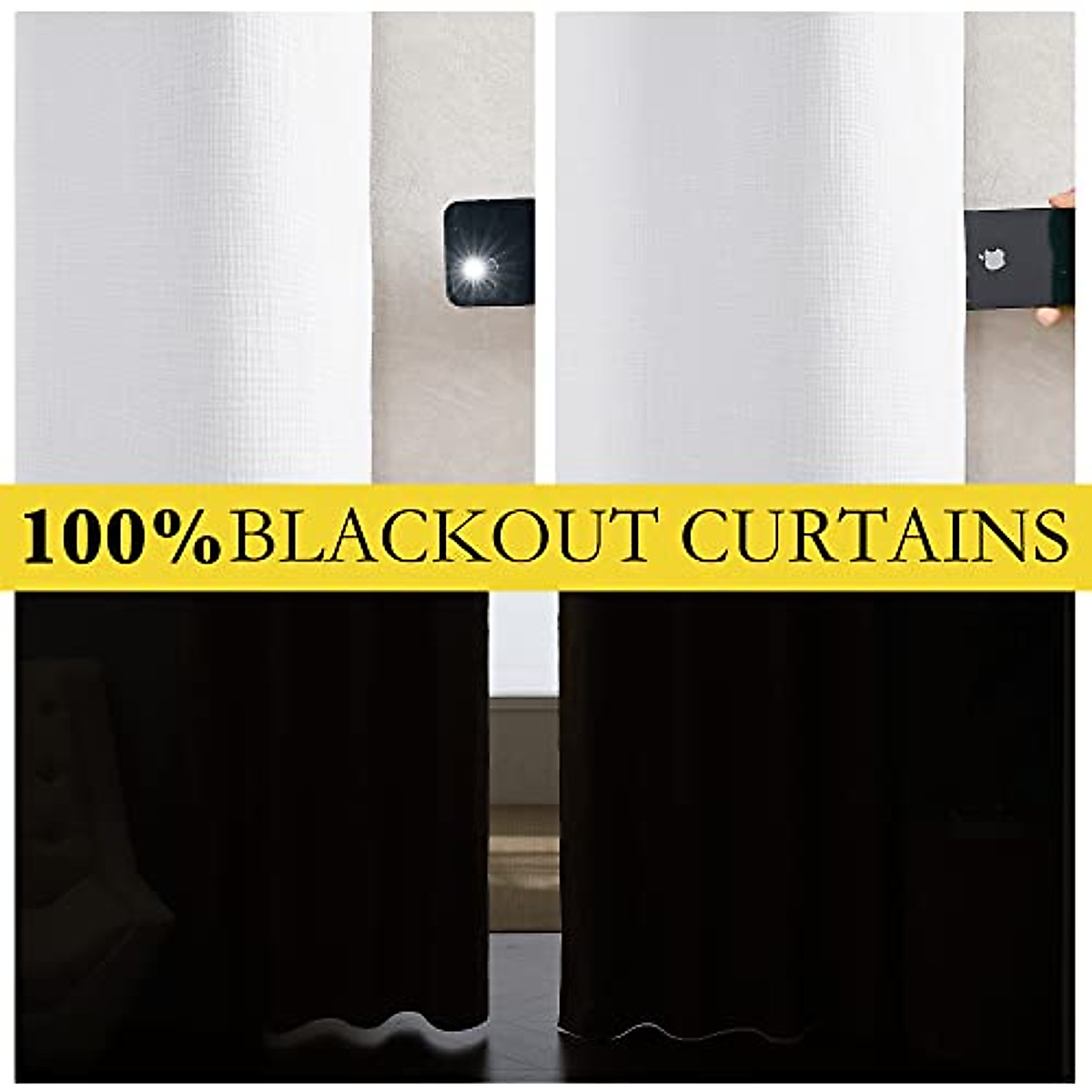 NICETOWN Back Tab 100% Blackout Linen Curtains with Thermal Insulated White Liner, White, 52 inches Wide, 84 inches Length Energy Saving Curtains for Living Room 2 Panels Set, Vertical Blinds